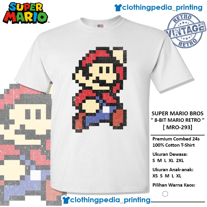 Pixel Mario The Super Mario Bros 8-Bit T-Shirt Vintage Retro T-Shirt ...