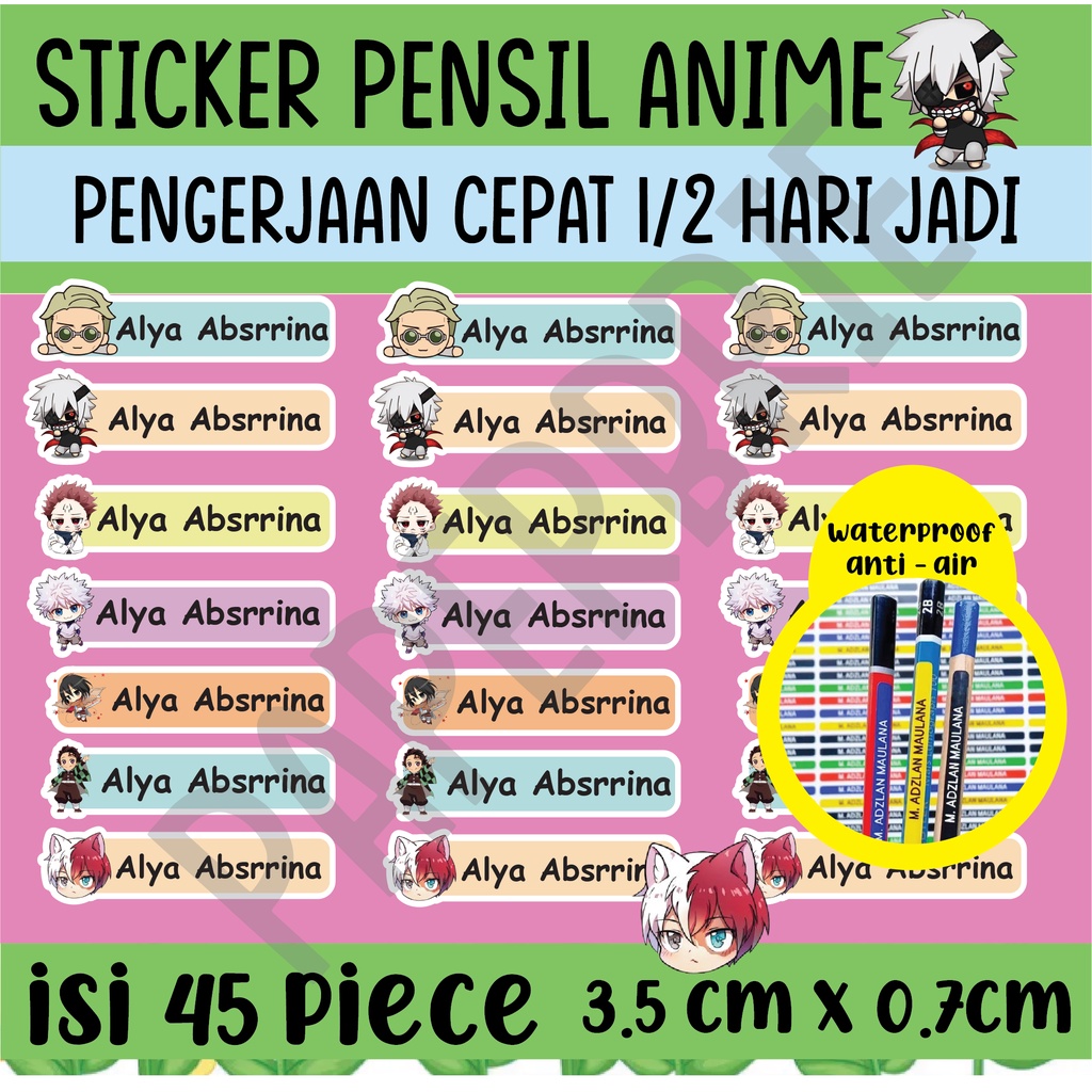 [Anime Pencil Sticker] Children's Name Sticker, cute book pencil, child ...