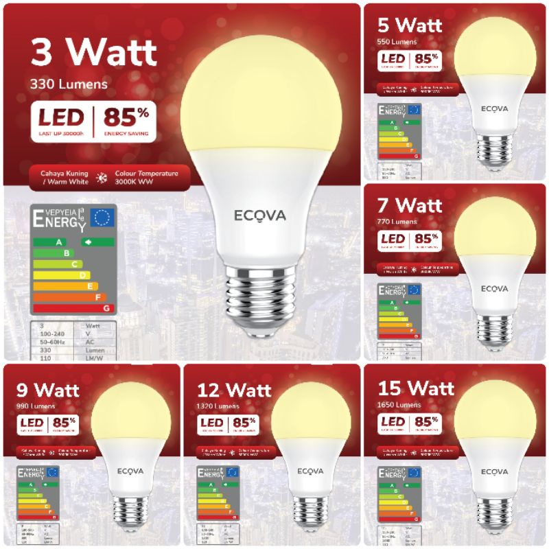 3000k Warm White ECOVA Buld LED Lamp (3 / 5 / 7 / 9 / 12 watt) | Shopee ...