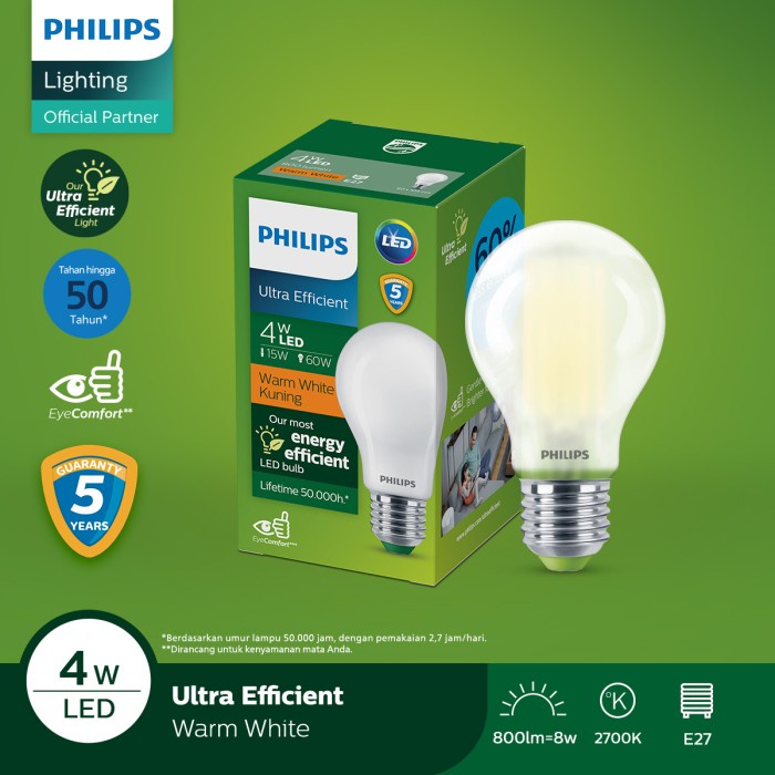 Philips Ultra Efficient 4W 2700K Yellow LEDBulb Lamp | Shopee Philippines
