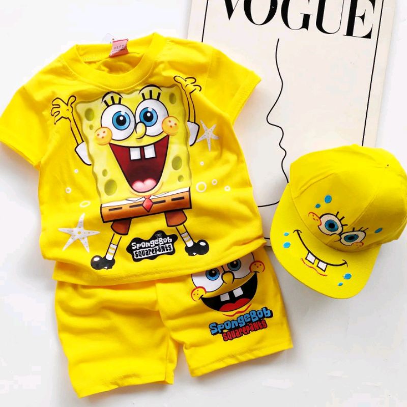 SPONGEBOB MOTIF CLOTHES FOR BOYS AND GIRLS CUTE KIDS SUITS WITH HAT FOR ...