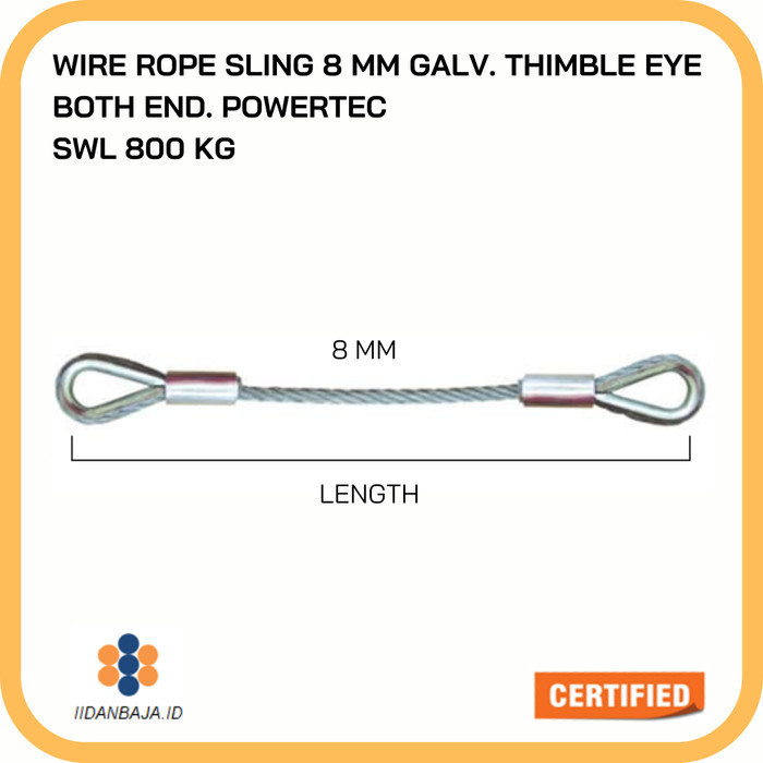 Wire ROPE SLING 8mm GALVANIZED+THIMBLE EYE. Swl 800kg POWERTEC K01 ...