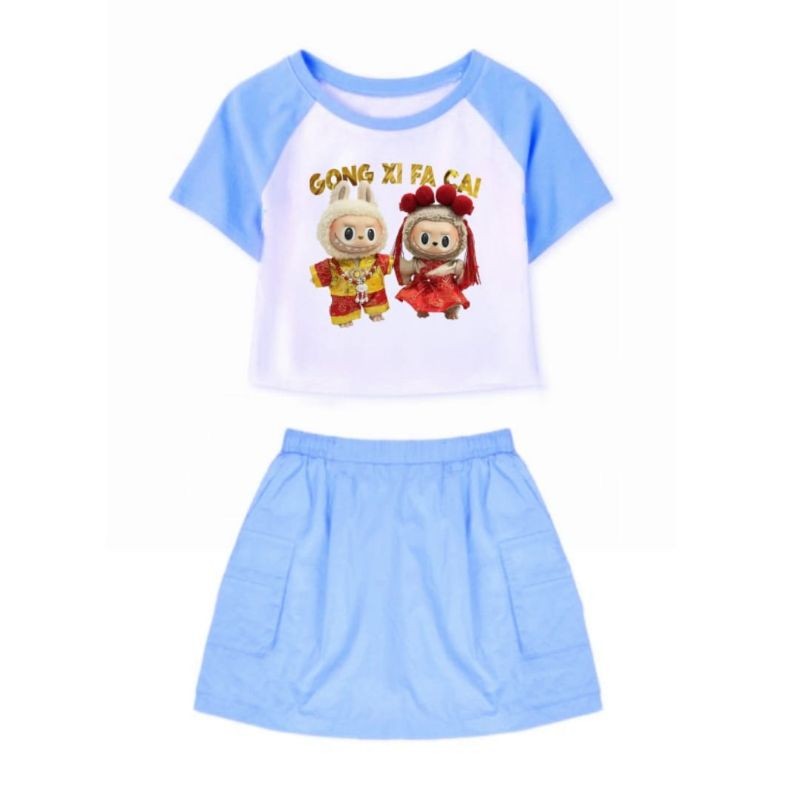 Cargo skirt suit for girls with LABUBU CWO-CWE GHONG XI FA CAI motif ...