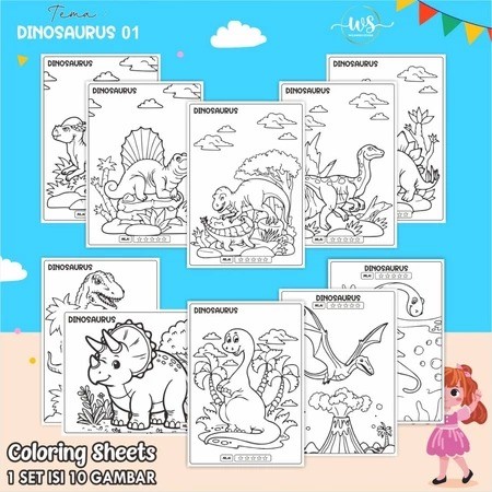 DINOSAUR CHARACTER COLORING PAPER 01 A4 PAPER CONTAINS 10 SHEETS ...