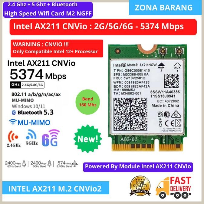 NEWEST - Intel AX211 WiFi 6E 5374Mbps CNVio2 M.2 Laptop PC Desktop Wifi ...