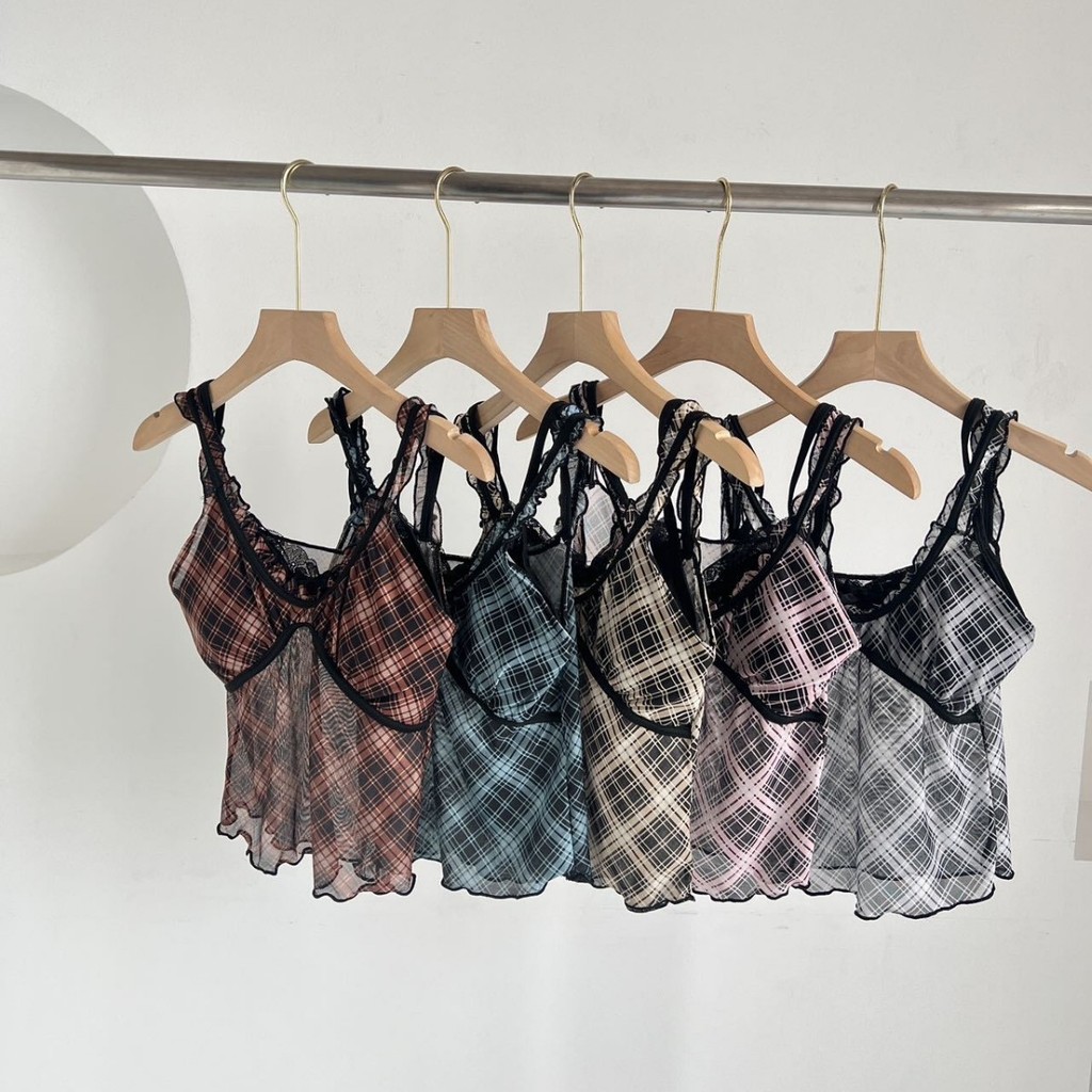 Plaid Lace Camisole + Shopee Pure Desire Item + With Patchwork Mesh ...