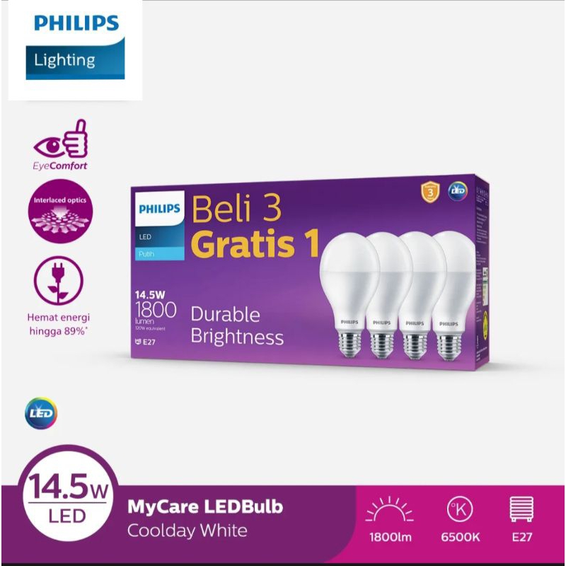 PUTIH Philips Multipack Mycare LedBulb 6500k White 14,5 Watt | Shopee ...