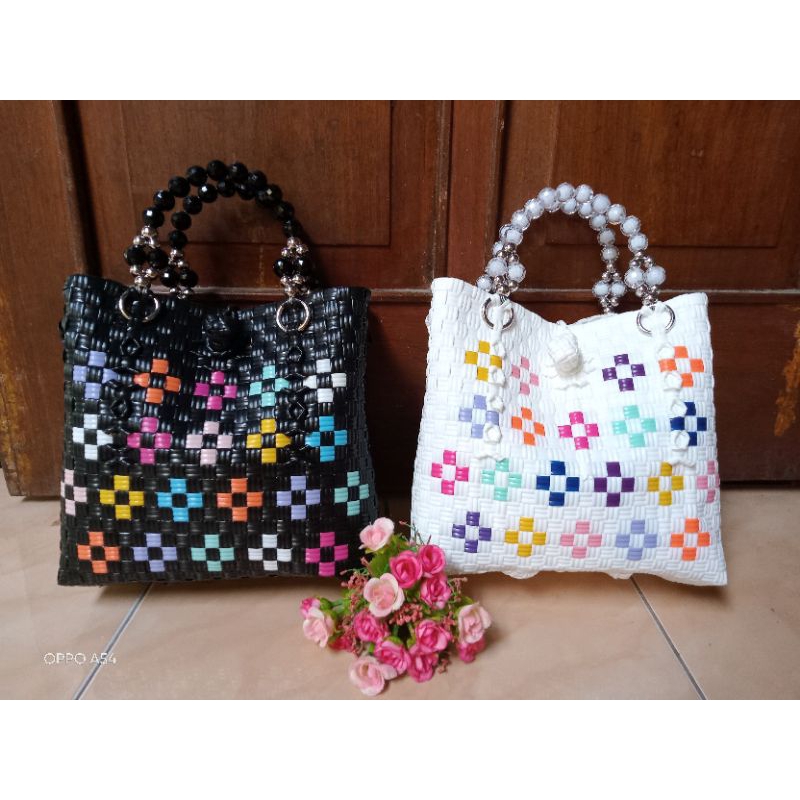 Jali Woven Bag Pearl Handle Floral motif/Pearl Jali Bag | Shopee ...