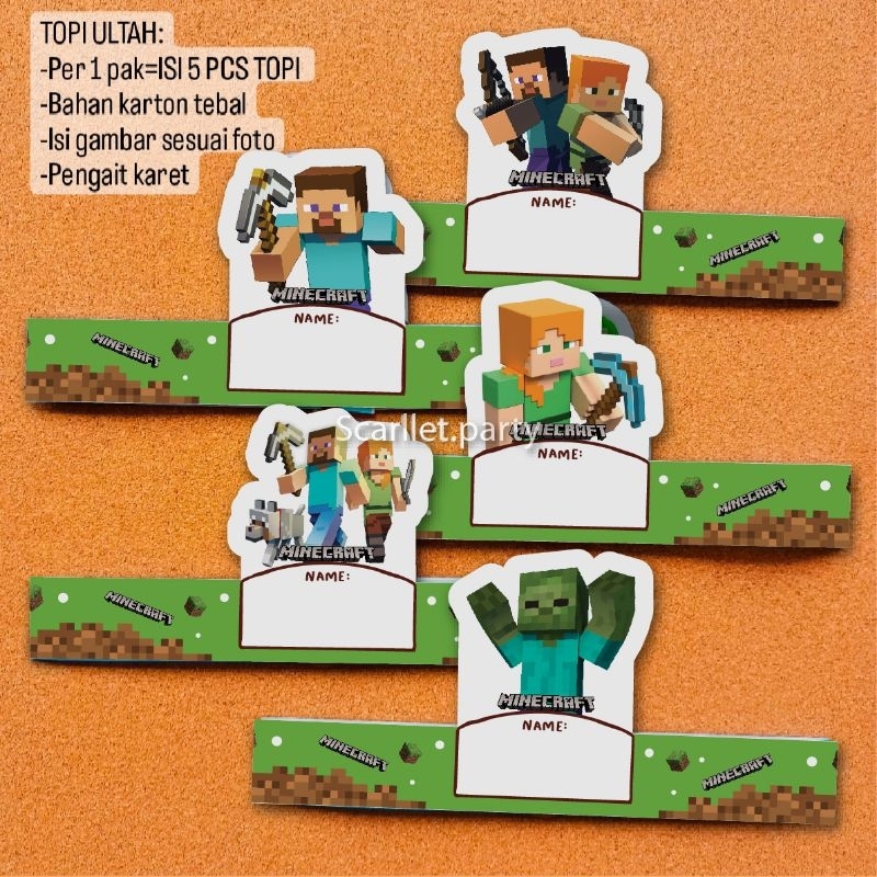 Minecraft HAT CONTAINS 5 BIRTHDAY HAT PARTY DECORATION CAKE DECORATION ...