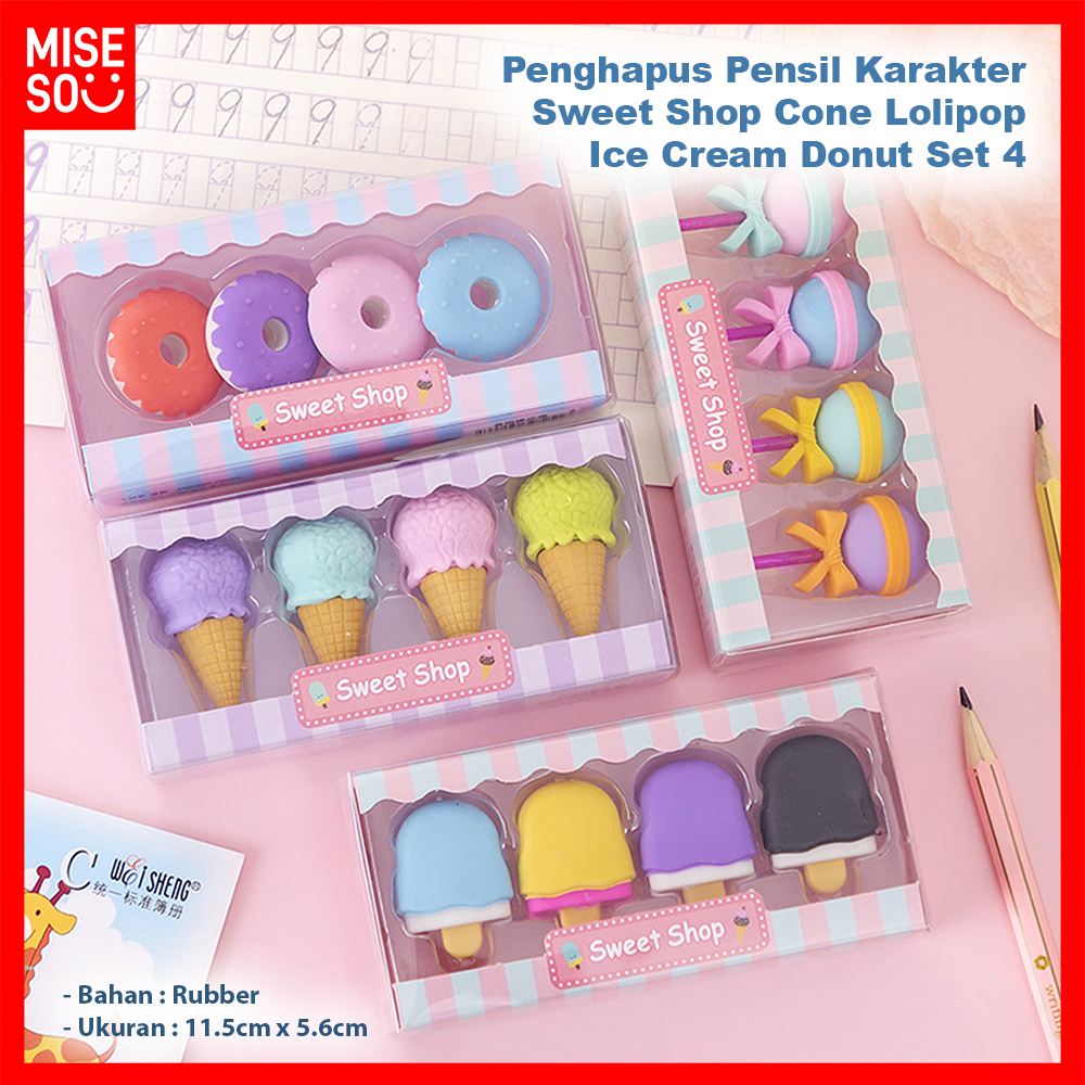Miseso Pencil Eraser Set 4 Characters Sweet Shop Cone Lollipop Ice ...