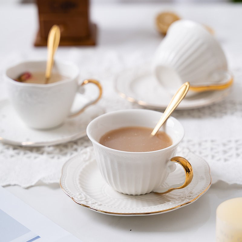 Embossed Coffee Cup Set Gold Rim - Coffee Cup Set | Shopee Philippines