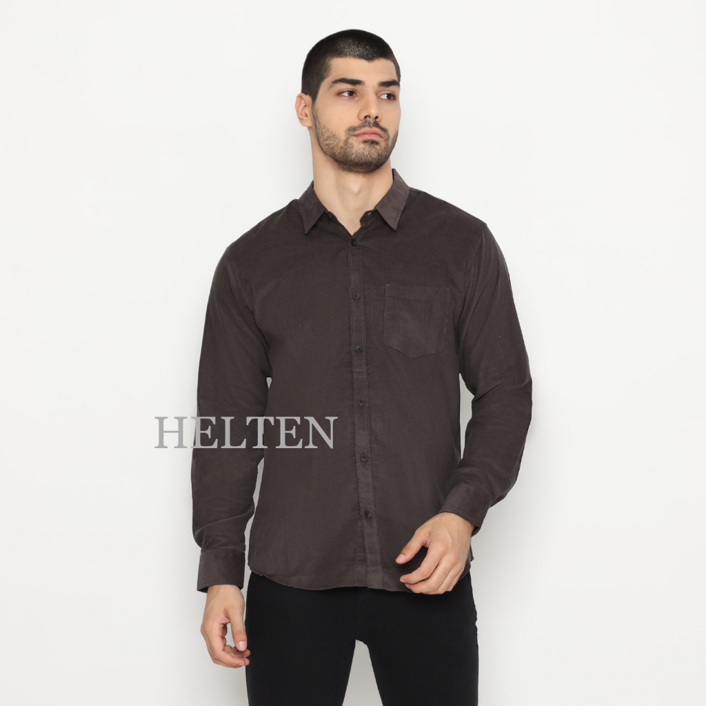 KEMEJA Helten Unisex Corduroy Shirt Long Dark Brown Comfort Slim ...