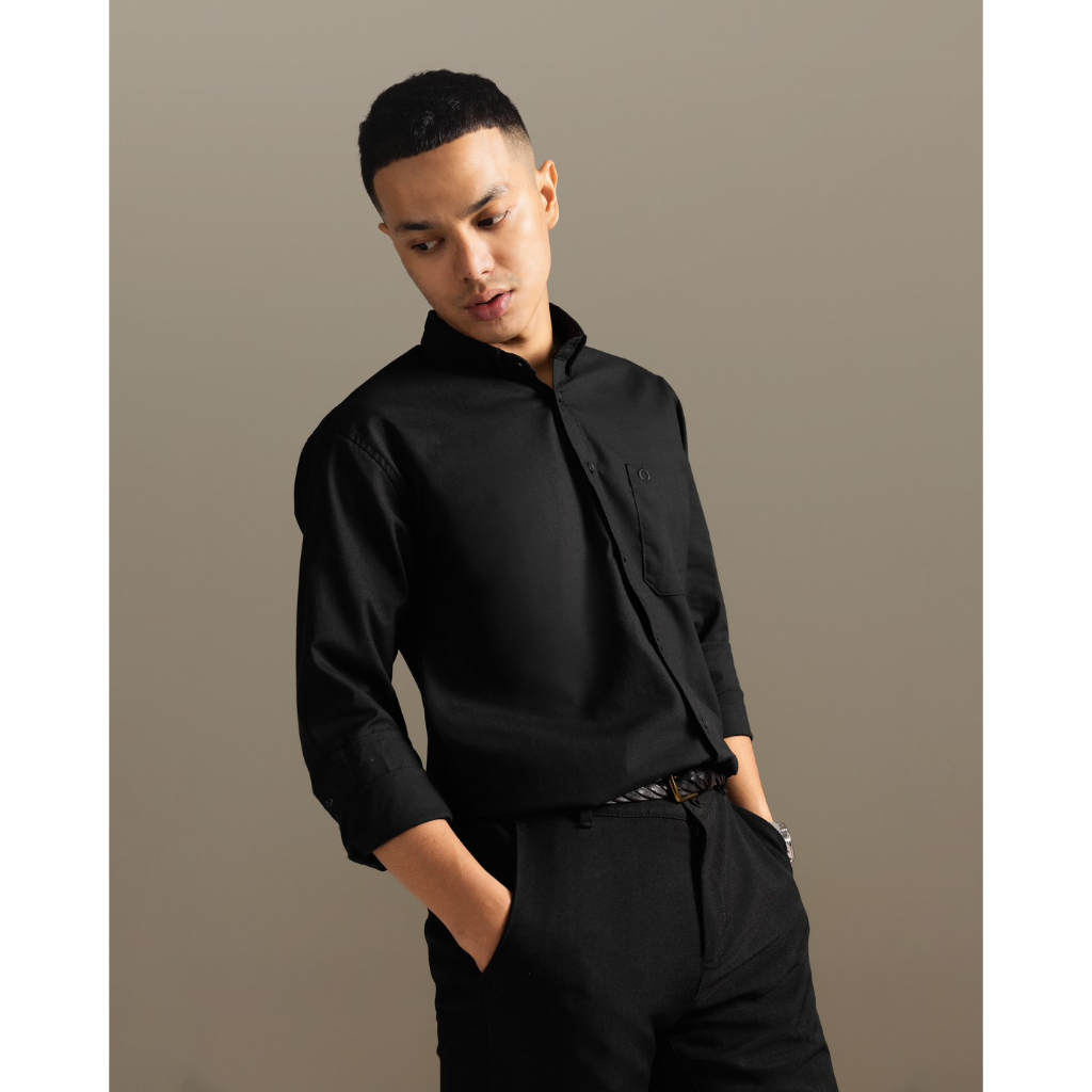 KEMEJA Broodis Men's Formal Shirt RADIANT Black Plain Cotton Oxford Slimfit Long Sleeve | Shopee ...