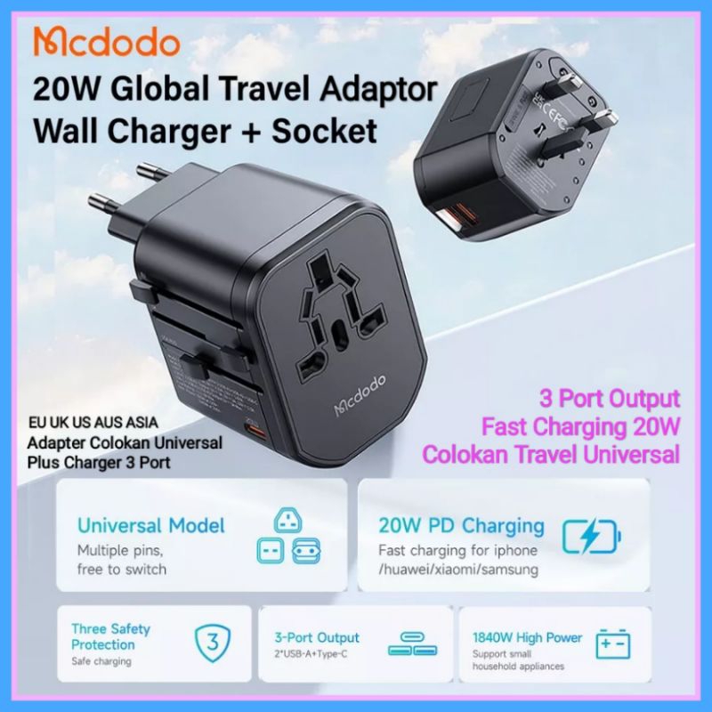 Mcdodo Universal Travel Adapter UK US EU AU Socket USB C Dual USB A 20W ...
