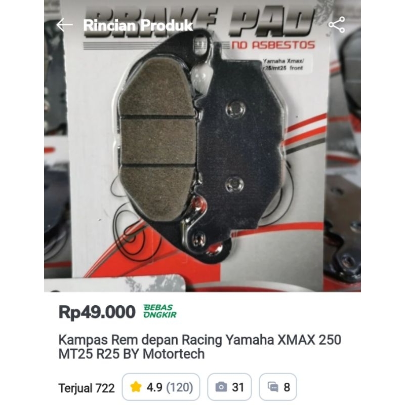 Racing Brake Pads Front and Rear Yamaha Xmax, R25, Mt25, Motortech DRP ...