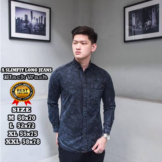 KEMEJA Men's Jeans Shirt Long Sleeve Denim Distro Casual Black Wash ...