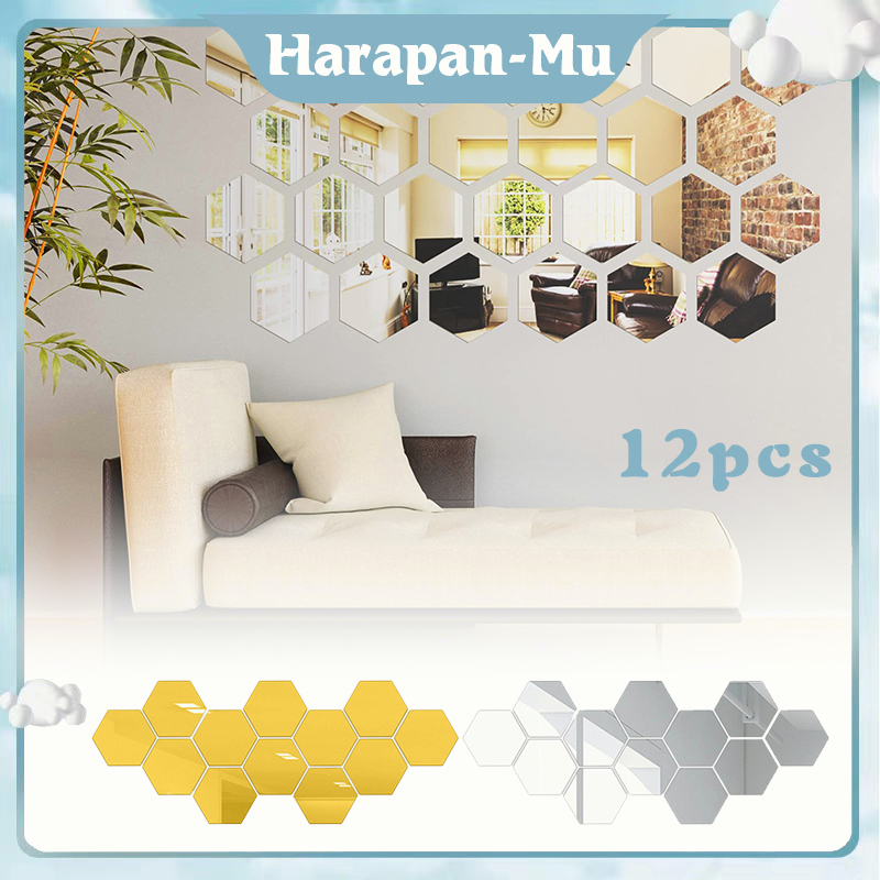 HIASAN DINDING 12pcs Hexagonal Mirror Wall Glass Stickers Aesthetic ...