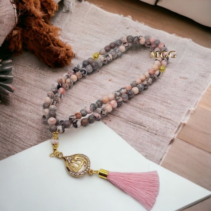 Pink NATURAL STONE TASBIH ZEBRA JESPER+LAFADZ ALLAH 99 GRAINS 8MM ...