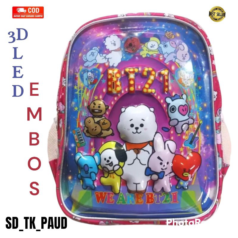 Bt21 Embossed Backpack For Girls 3D LED SD/ TK/ PAUD Embossed LED BT21 ...