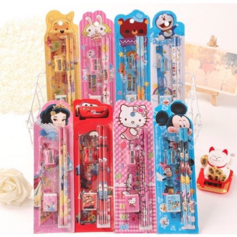 Stationery Set Pencil Set Eraser Ruler Sharpener 5 in 1 CUTE CHARACTERS ...