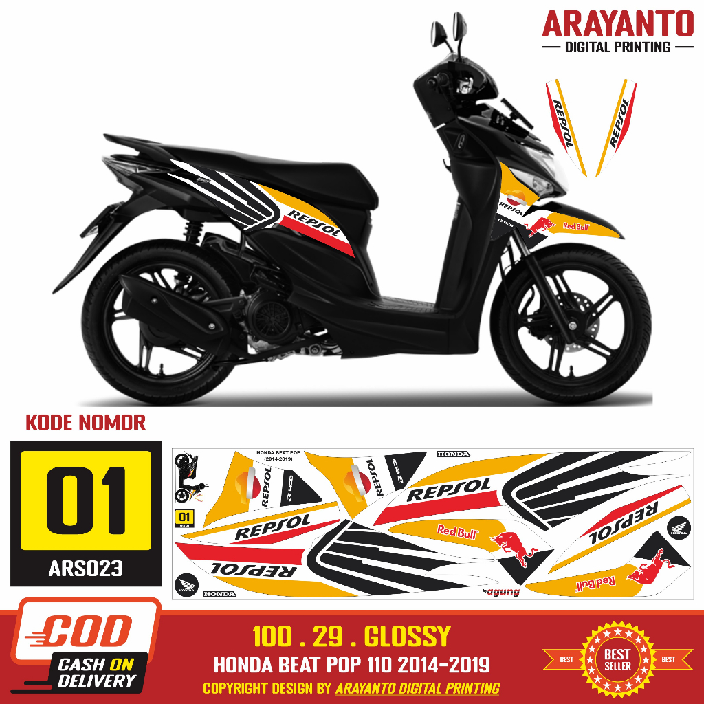 Honda Beat Pop 110 2014-2019 ARS023 Repsol Doff/Glossy Striping ...