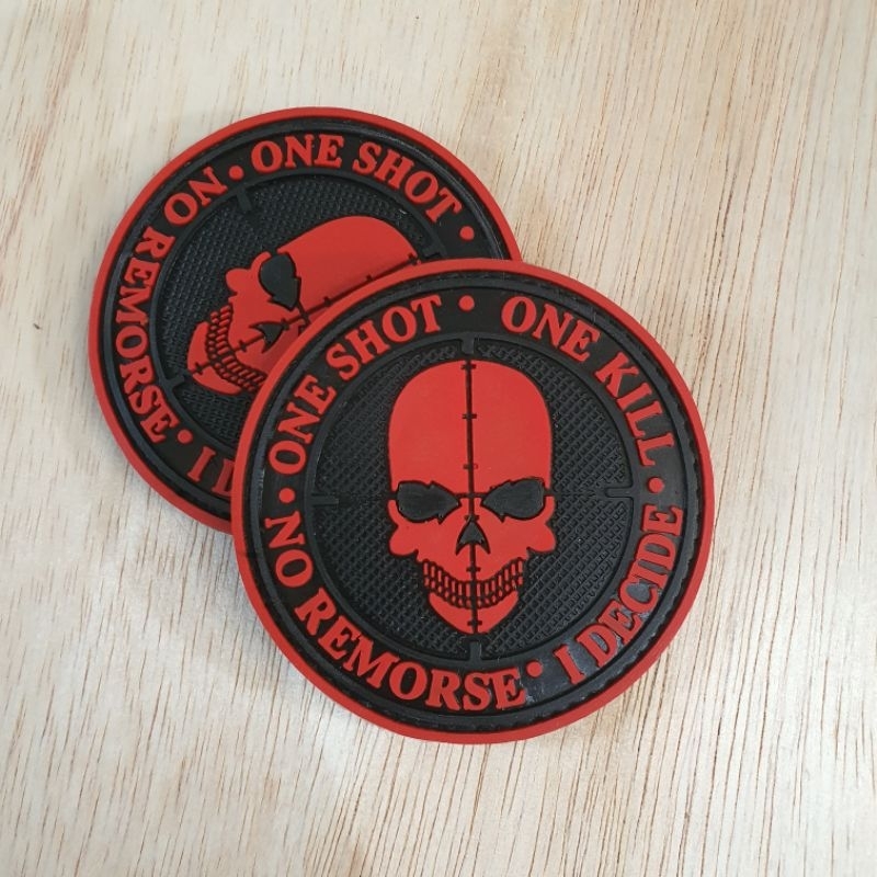 MERAH Red one shot one kill skull logo rubber patch - velcro rubber emblem patch | Shopee ...