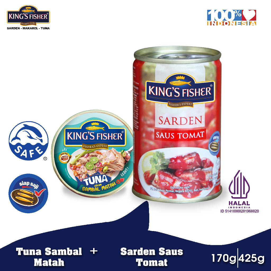 Package of 2 pcs King's Fisher Sardines in tomato sauce 425g and Tuna matah chili 170g Canned ...