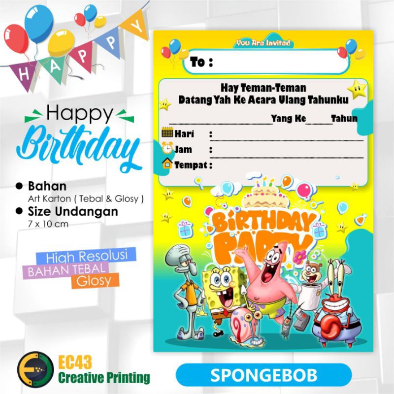 Spongebob Theme Children's Birthday Invitation 10pcs+plastic Opp Seal ...