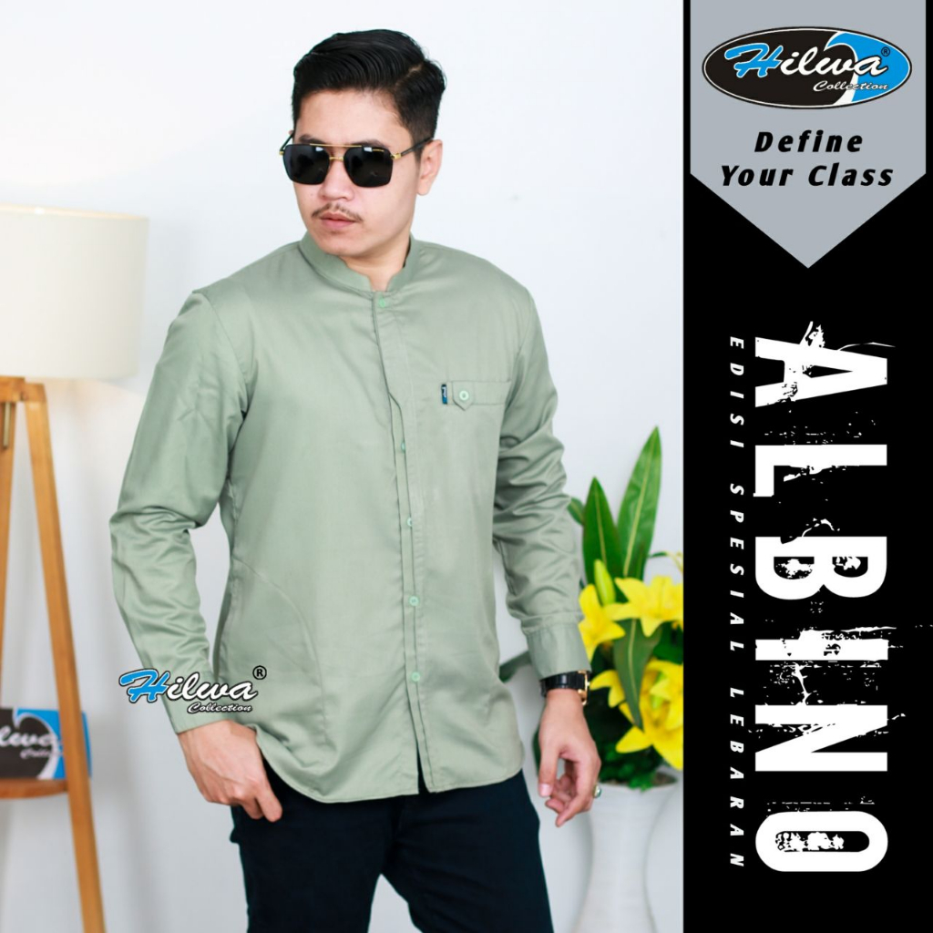 KEMEJA HIJAU HILWA COLLECTION Men's Sage Green Plain Shirt Long Sleeve ...