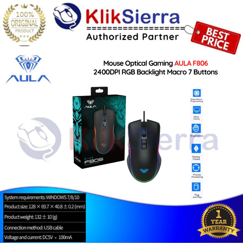 Aula F806 2400DPI RGB Backlight Macro 7 Buttons Optical Gaming Mouse | Shopee Philippines