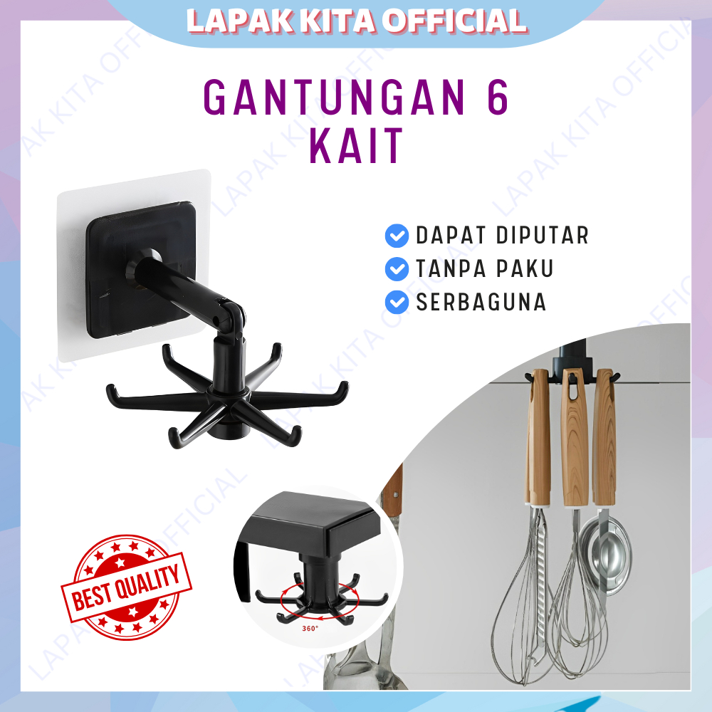 GANTUNGAN HITAM Multipurpose Swivel Wall Mounted 6-hook Hanger Black ...