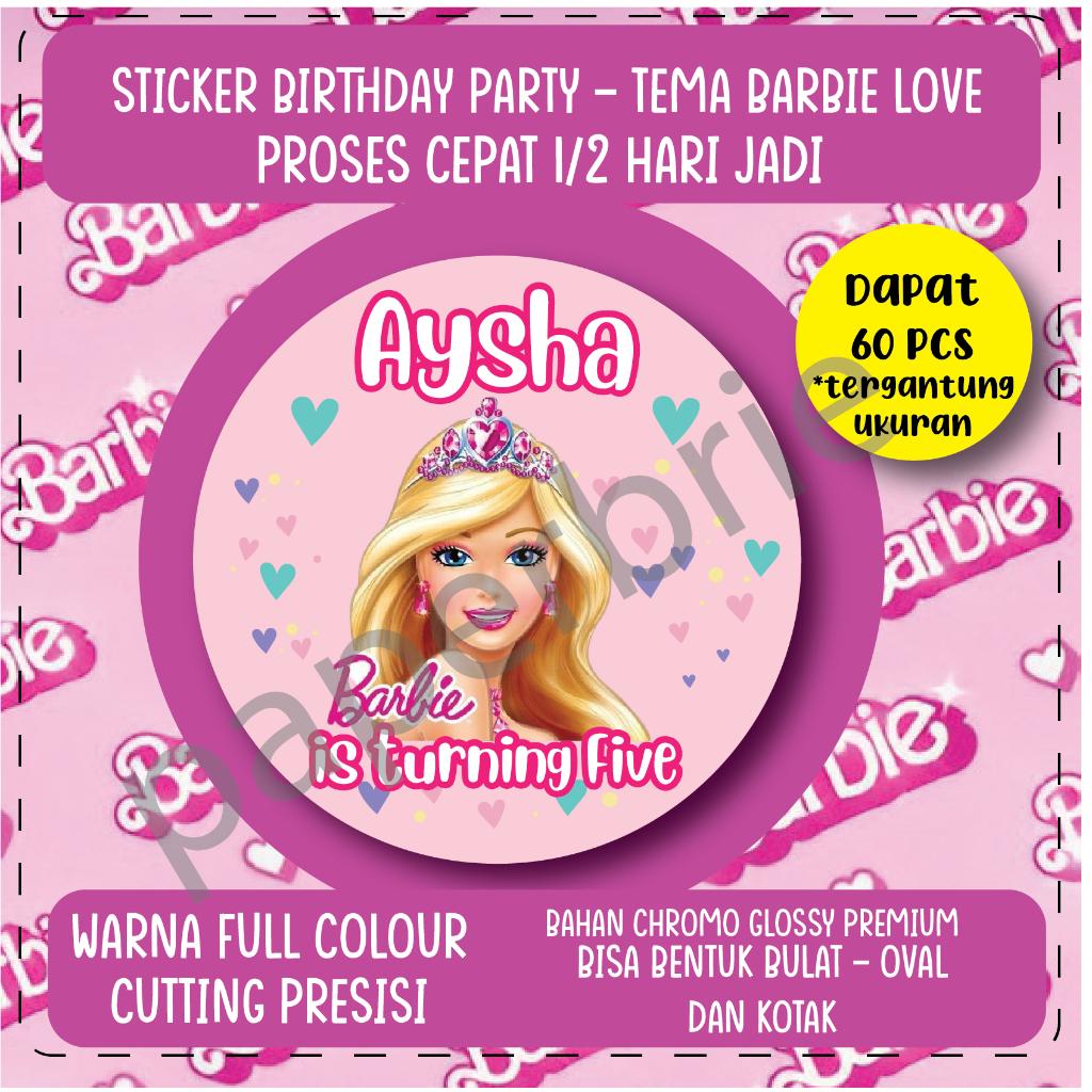 Barbie LOVE Children's birthday sticker label - birthday party sticker ...