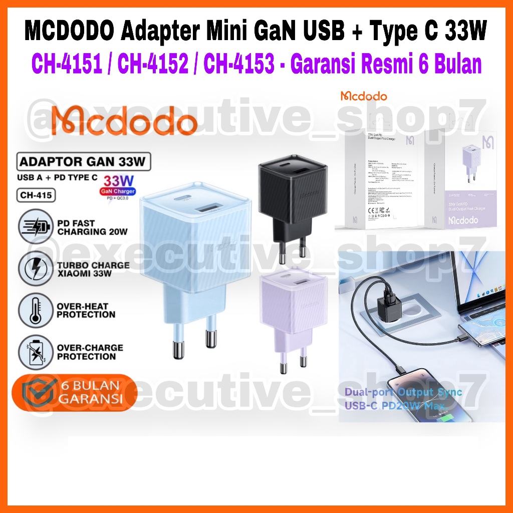MCDODO Mini Adapter GaN USB + Type C 33W - CH-4151 / CH-4152 / CH-4153 ...