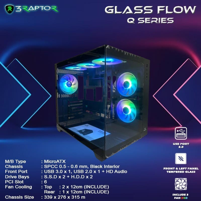 Pc Case Raptor Glass Flow Q Series Black 3 Fan RGB | Shopee Philippines