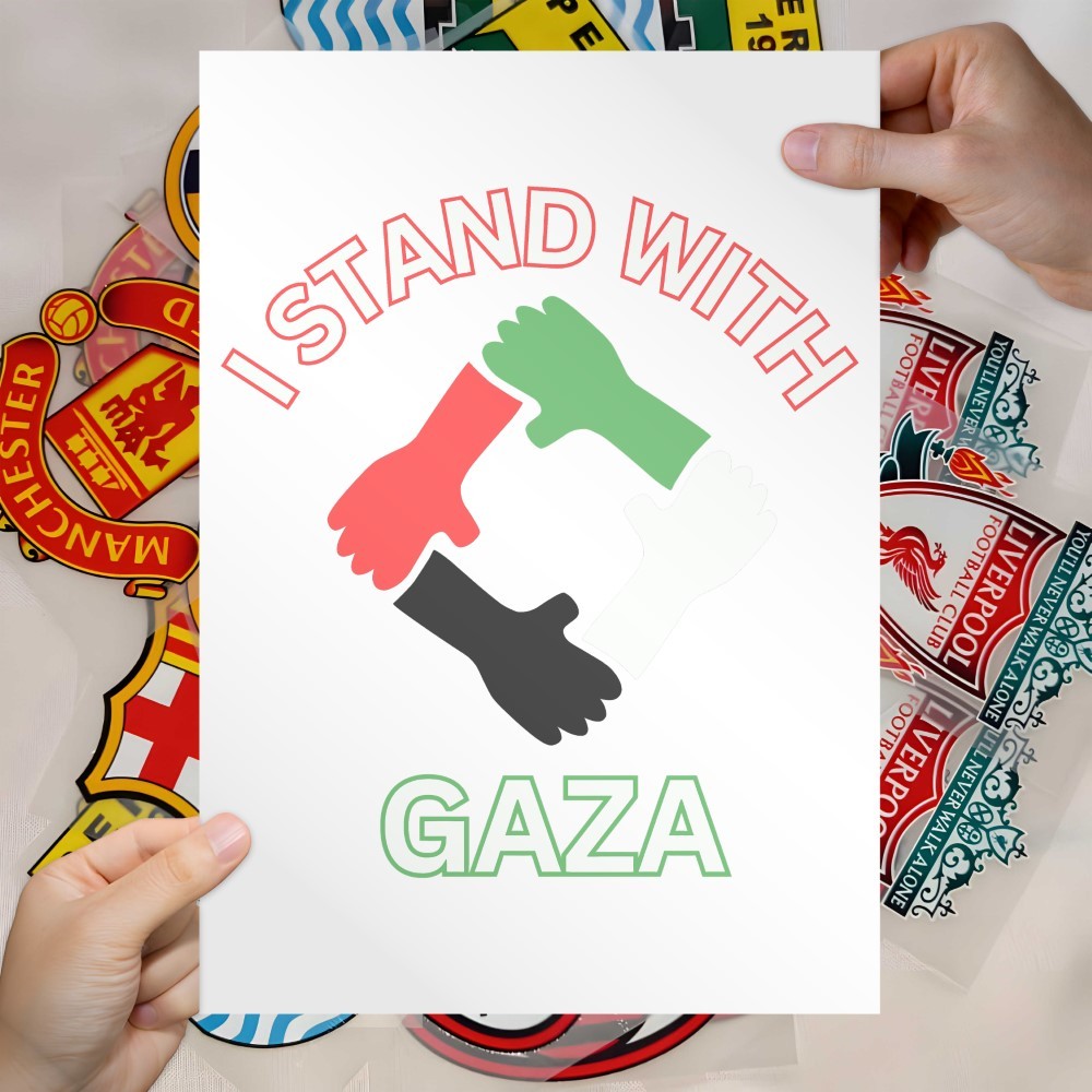 Sablon Print DTF Digital I Stand With Gaza Four Hands Holding Each ...