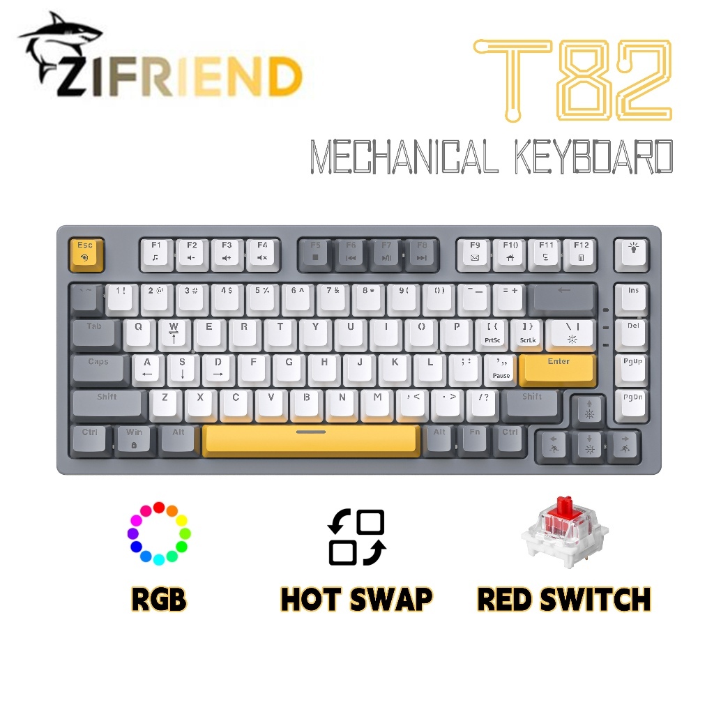 Zifriend T82 Mechanical Gaming Keyboard Red Switch Pluggable 80% Layout ...