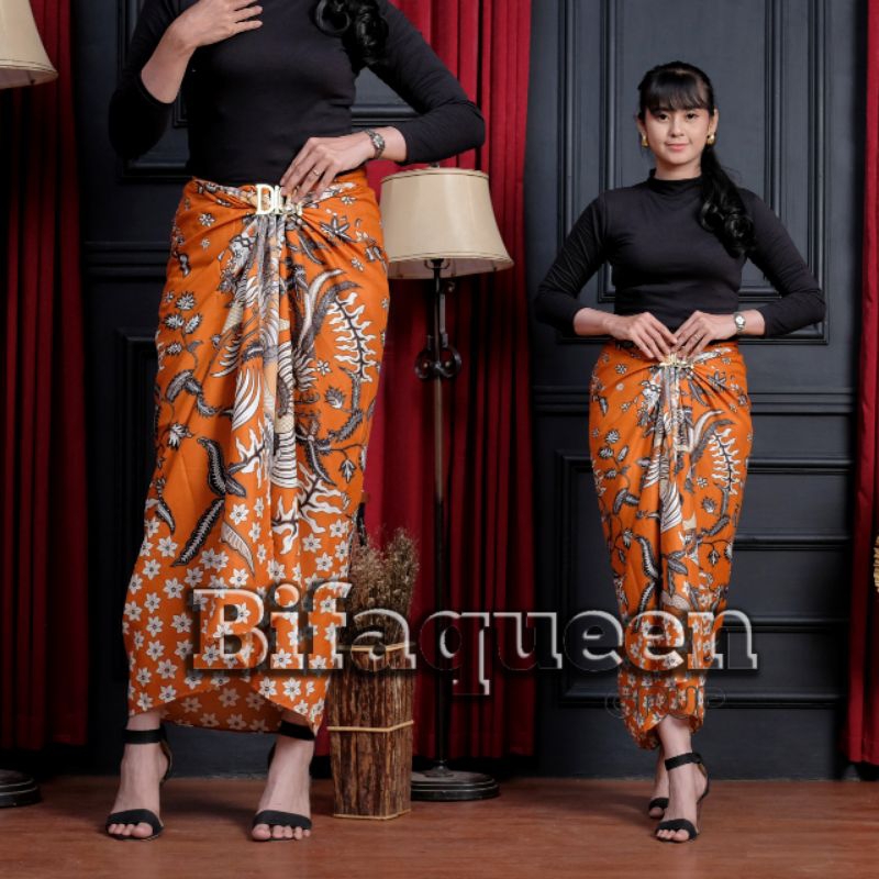 Modern batik wrap skirt with orange peacock motif, kebaya bottom wrap ...