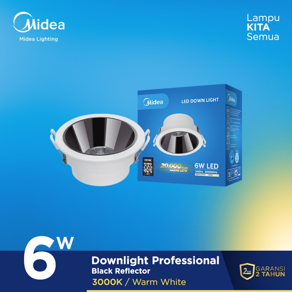 Midea Lighting - LED Downlight Black Reflector 6 Watt 3000K - Warm ...