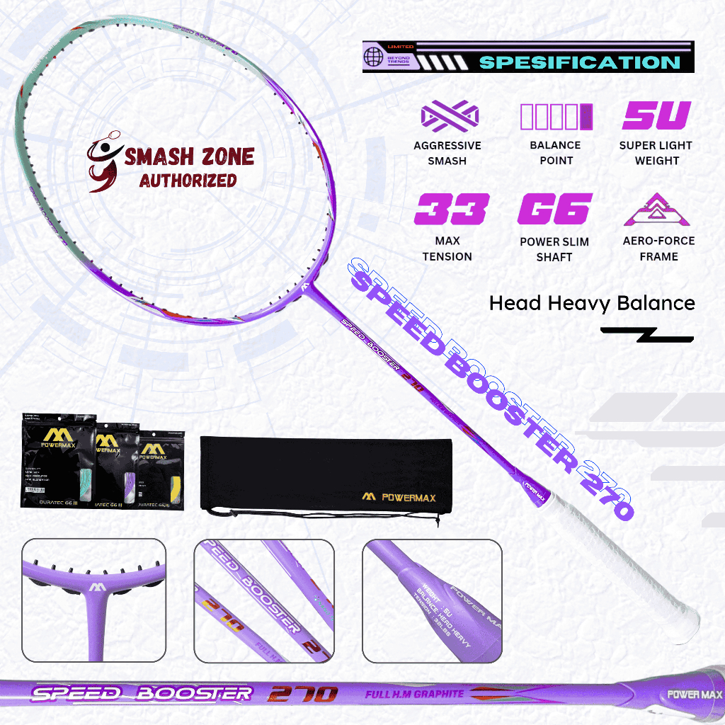 Badminton Racket Power Max Speed Booster 270 Original Head Heavy 32 LBS 5U Ultra High Modulus ...