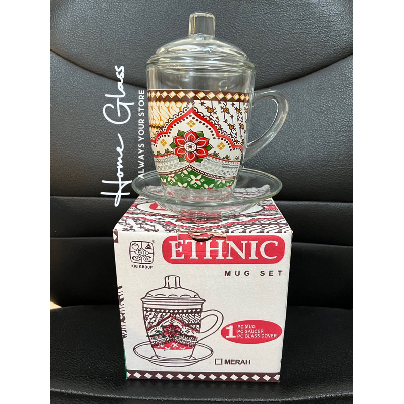 Ethnic Mug Set/Batik Motif Glass Set/Handle Glass with Lid and Saucer ...