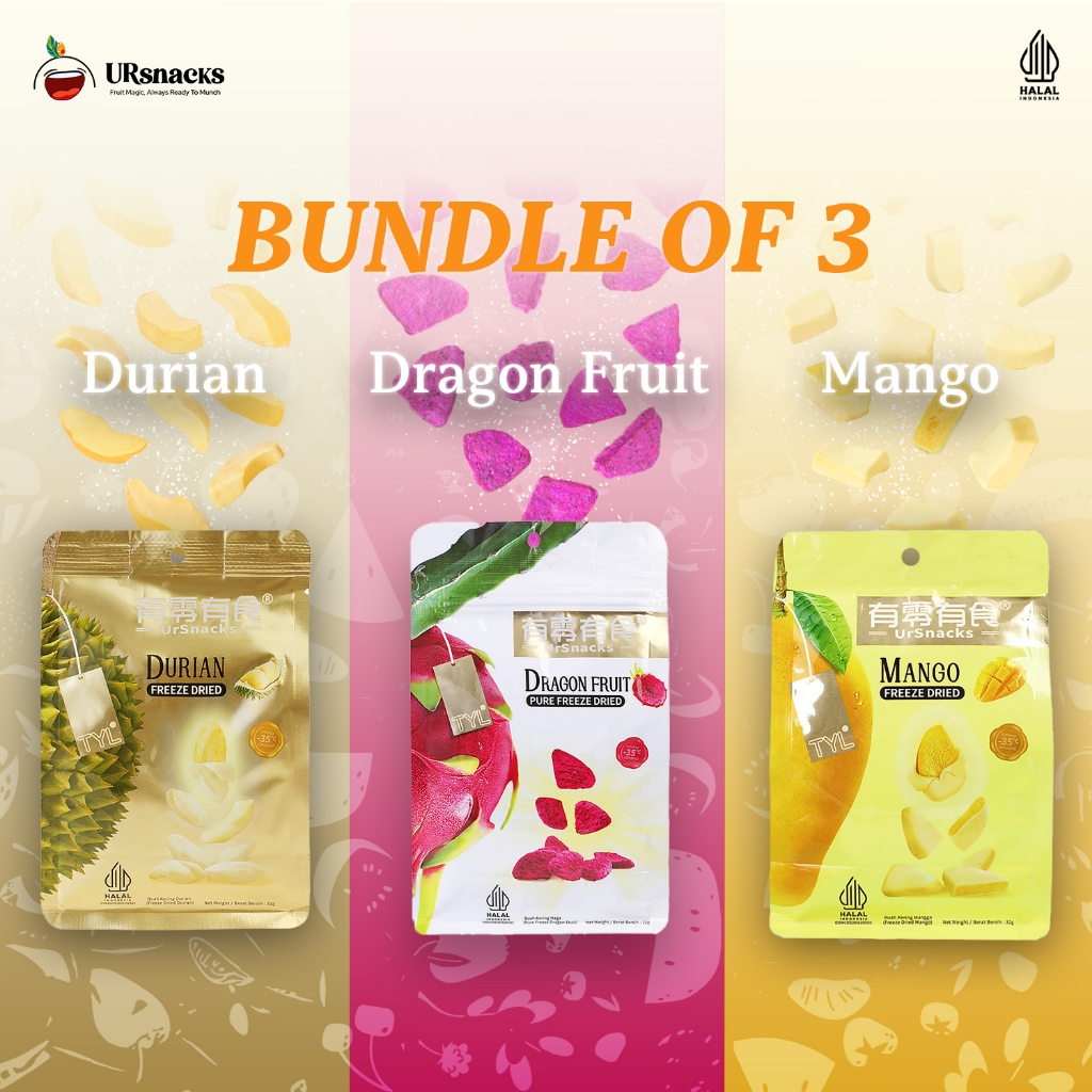 Ursnacks Save Package 3- FREEZE DRIED DURIAN Healthy Chips 32gr+MANGO 32gr+DRAGON FRUIT 22gr ...