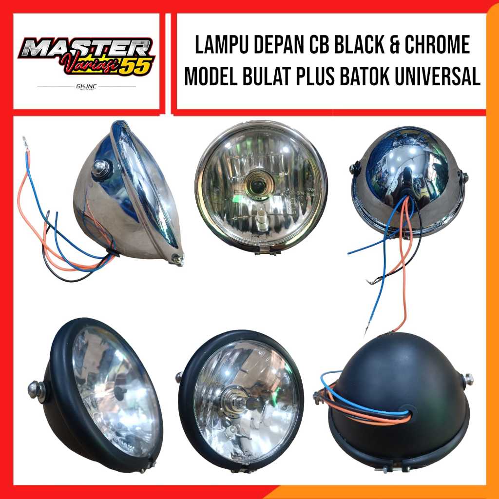 Headlamp CB Black & Chrome ROUND MODEL PLUS UNIVERSAL BATOK MV55 ...