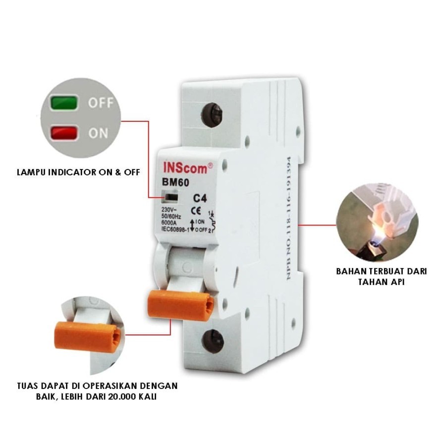 MCB ELECTRIC INSCOM 1P 50A 63A / MINI CIRCUIT BREAKER 1 PHASE BM60 ...