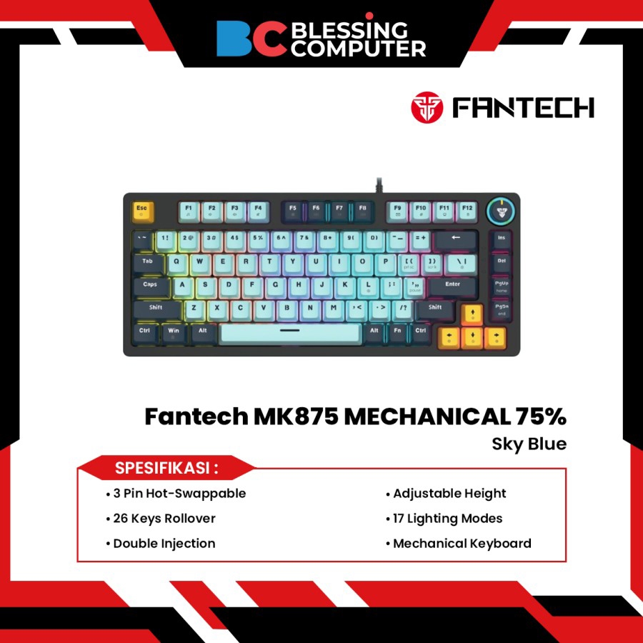Fantech MK875 MECHANICAL 75% Sky Blue Switch Blue Gaming Keyboard ...