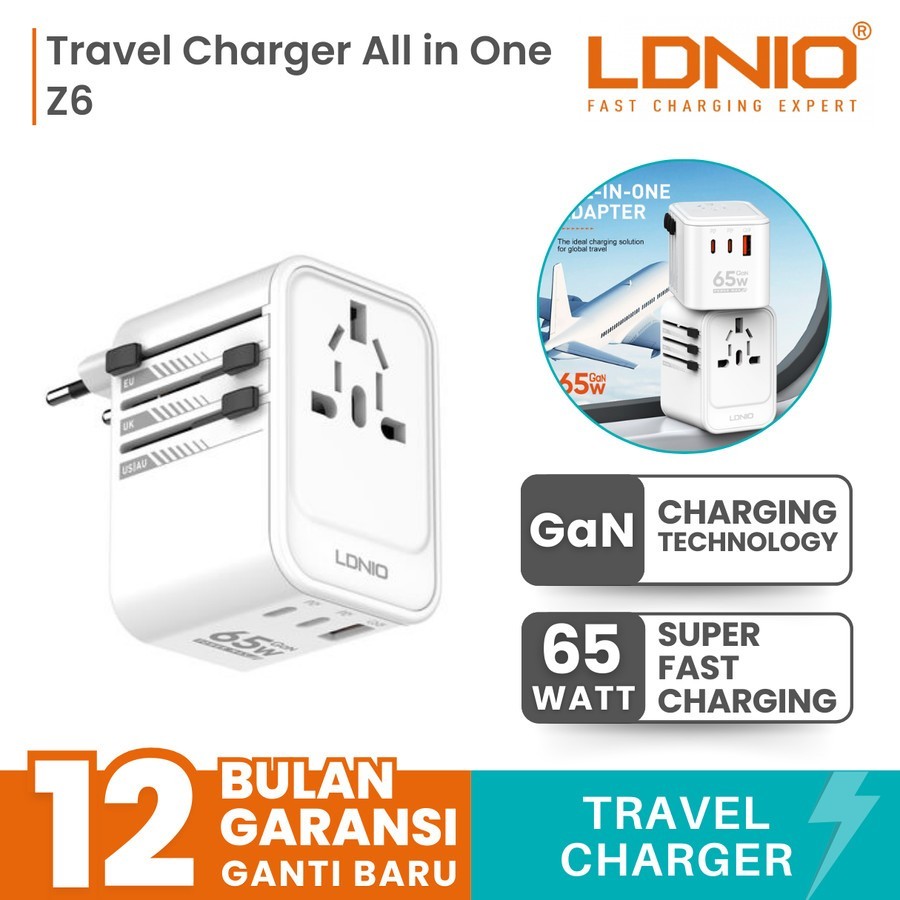 Ldnio Z6 TRAVEL Adapter UNIVERSAL CHARGER CONVERTER Gan 65W 2PD+QC3.0 ...