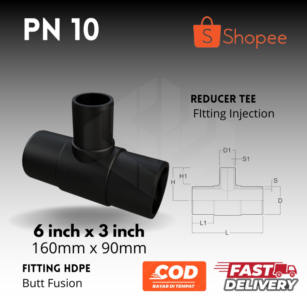 Butt Fusion Reducer Tee / T 2 Sizes PN10 160 x 90mm (6 x 3 inch) HDPE ...
