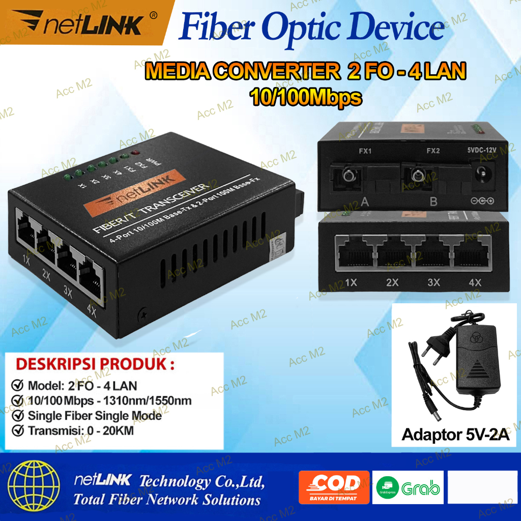 Media Converter Transceiver Fiber Optic 2 Fo 4 Lan + 10/100Mbps Adapter ...