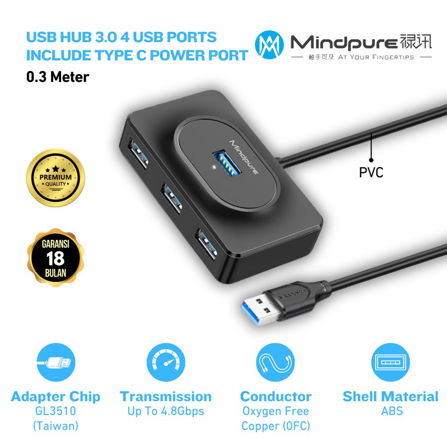 Usb Hub 3.0 Mindpure 4 Ports | Pc Laptop USB Port Enhancer (US014 ...