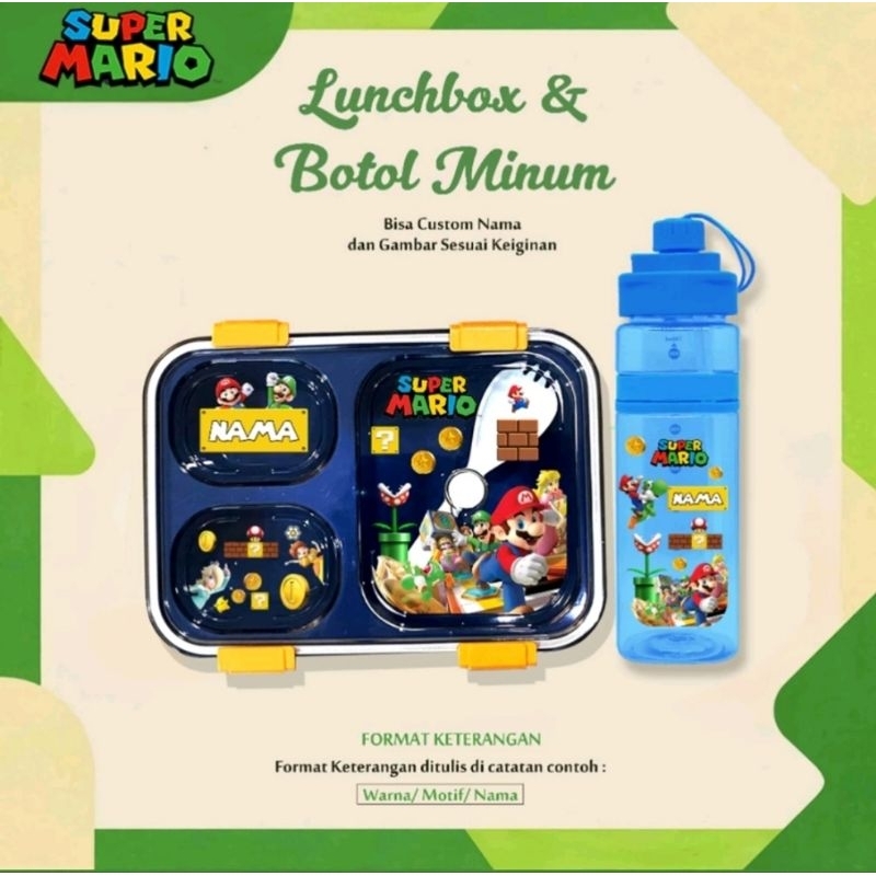 Custom Lunch Box Super Mario Lunch Box and Drink Bottle | Shopee ...