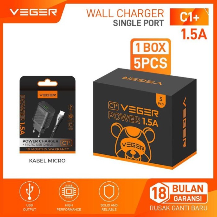 Power Charger / VEGER C1+ With Micro Cable & Type-C USB 1.5A Fast ...
